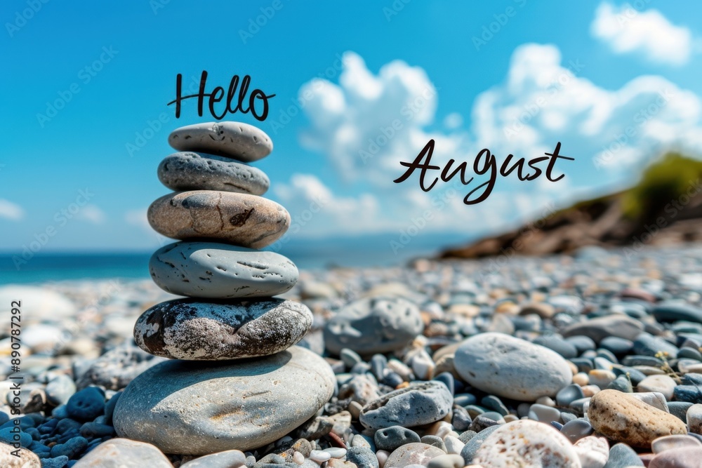 "Hello August", beach themed text in the middle of a photo with a ...