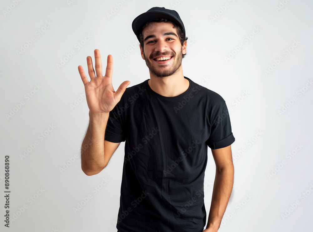 20s Hispanic handsome man, he shows his palm hi5, greeting to the ...