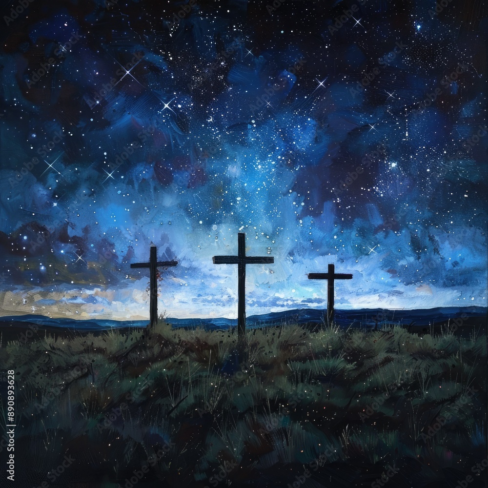 A depiction of the three crosses at Calvary under a starry night sky ...