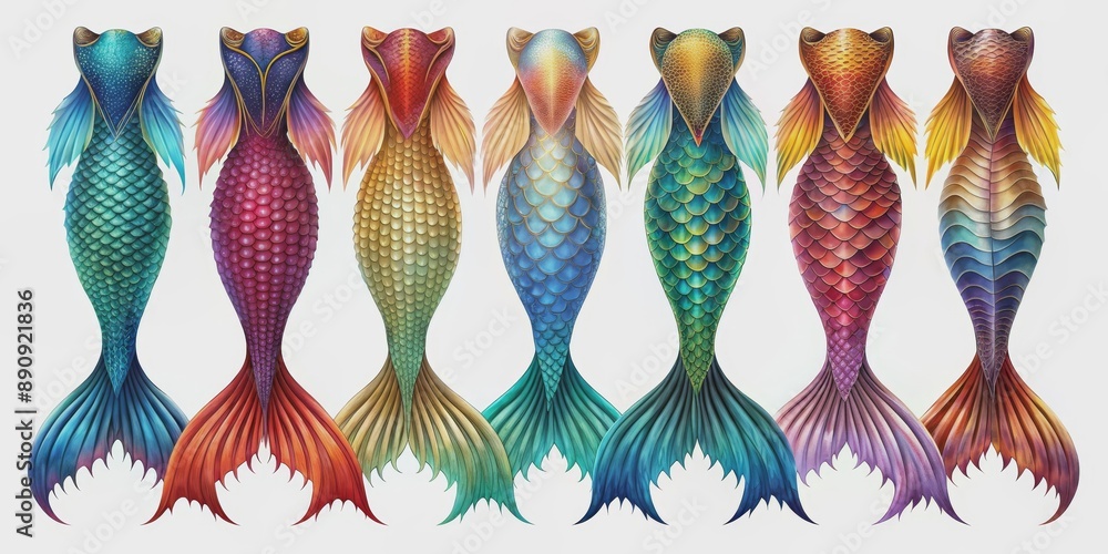 Collection of mythological fantasy mermaid tails, fins, scales, fluke ...
