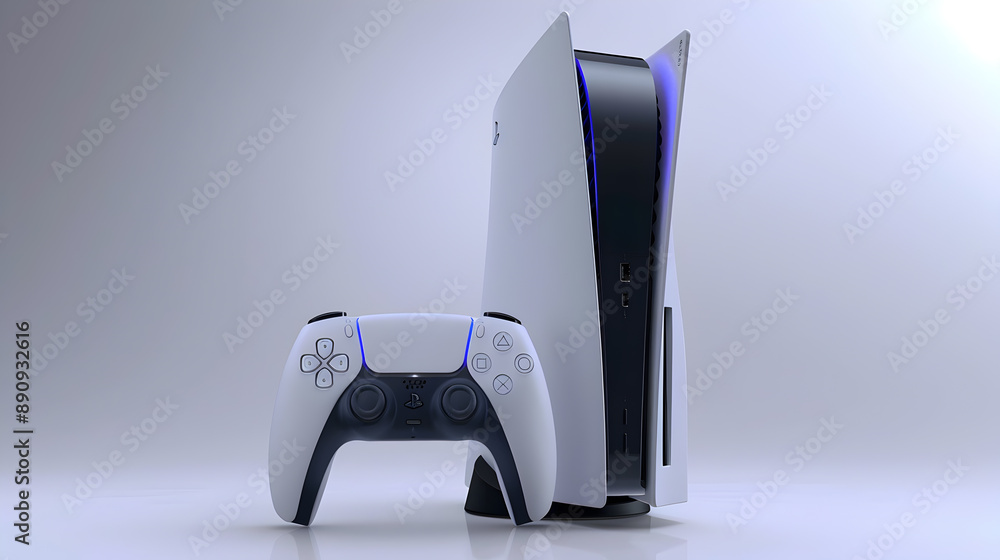 A pristine white PlayStation 5 console, paired with its futuristic ...