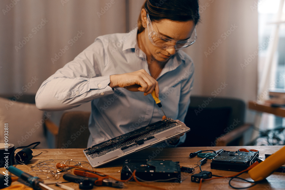 Computer, technician and woman repairing motherboard, IT management and ...