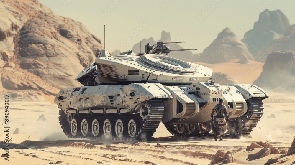 Futuristic High Tech Tank Patrolling Desert Outpost With Modular Armor