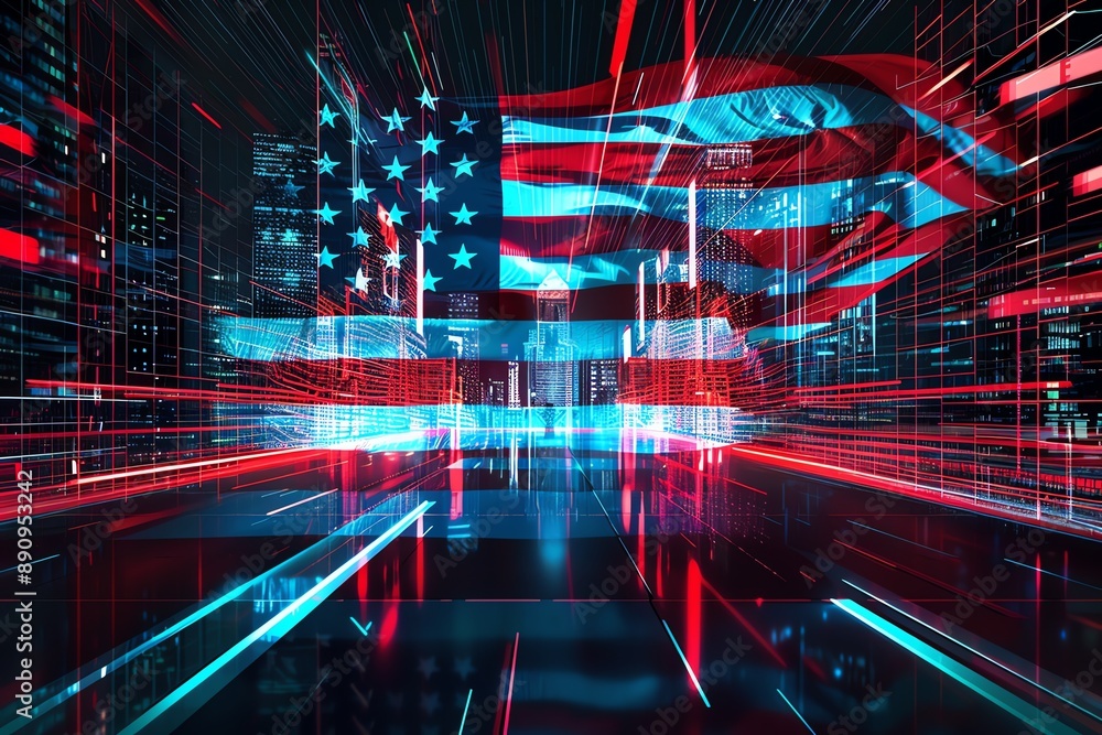 American flag integrated into a futuristic cityscape, neon colors, high ...