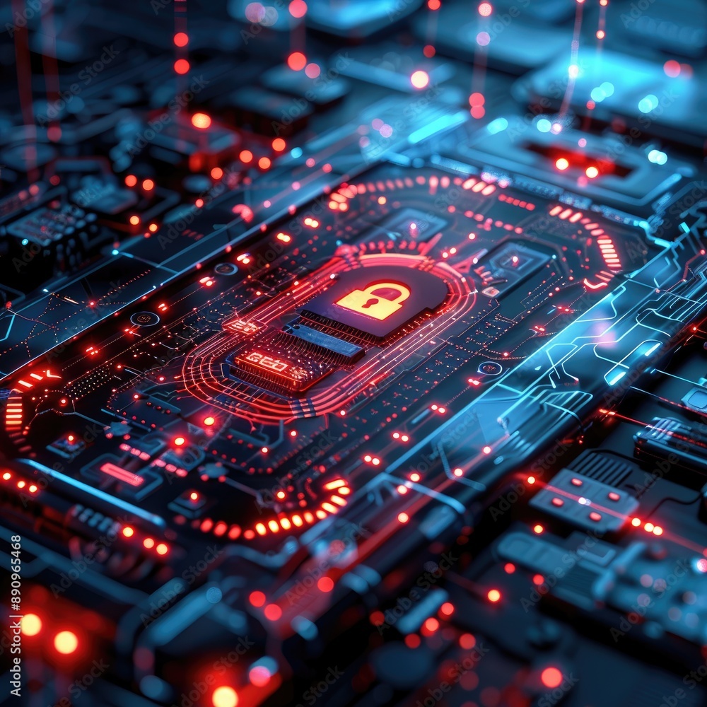 Futuristic motherboard with digital circuits and glowing security lock, representing advanced ...