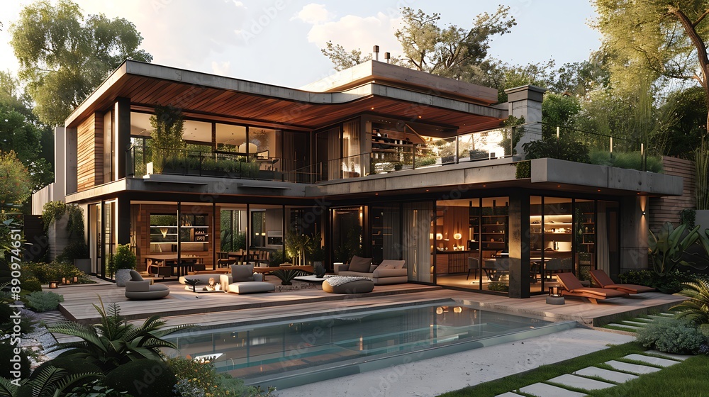 A modern house being built with detailed floor plans and a 3D model ...