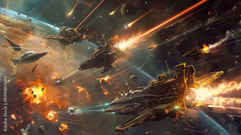 An epic space battle with ships firing laser cannons and launching ...