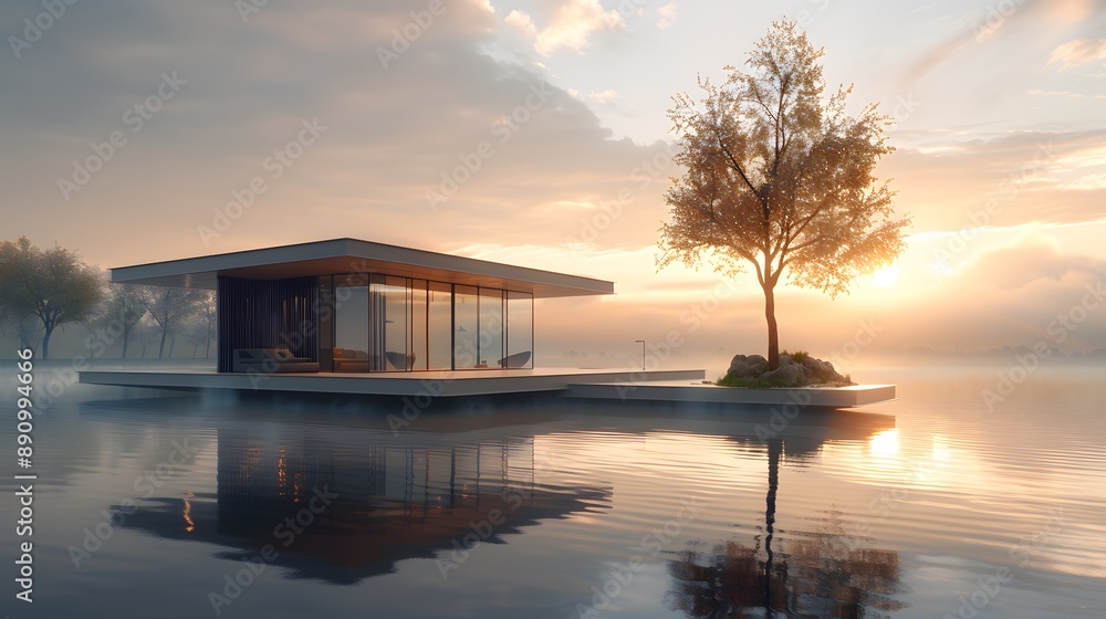Modern floating house, minimalist architecture, expansive glass windows ...