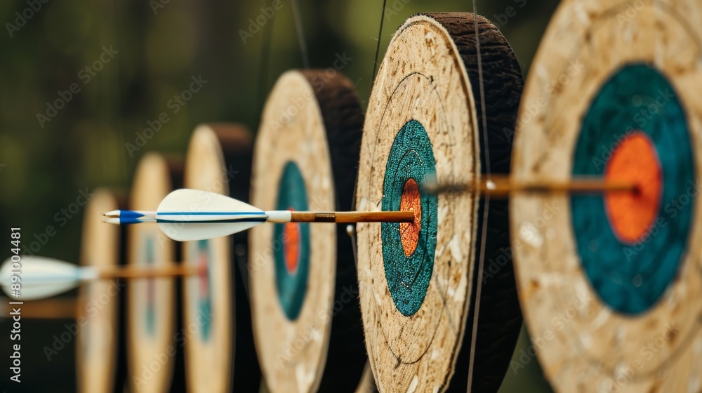 A line of targets at a medieval festival, arrows striking the center ...