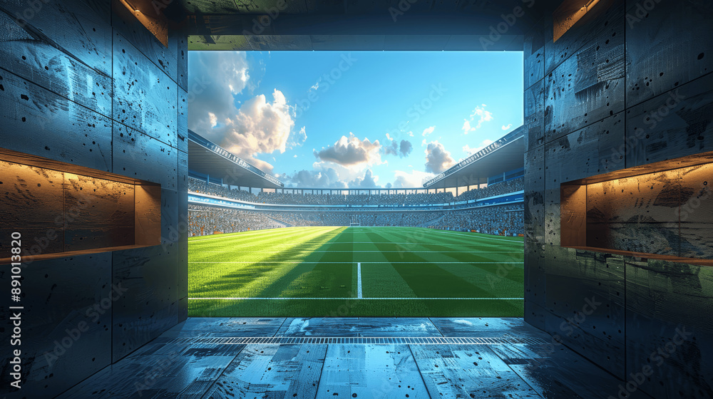 Entrance to Modern Football Stadium with Green Grass Field and Fans in ...