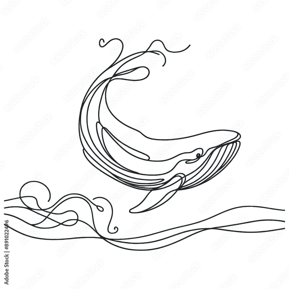 Line art of a whale in the ocean, using continuous lines to depict its ...