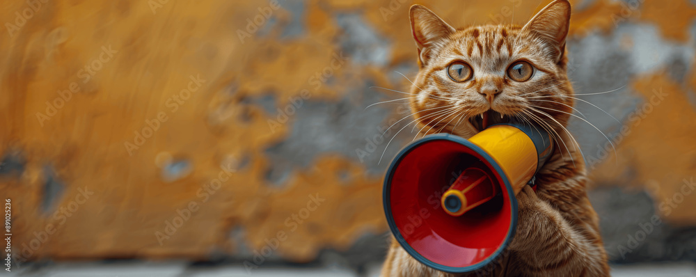 Cute Cat with Megaphone Advertising Banner, Retro Style, Copy Space for ...