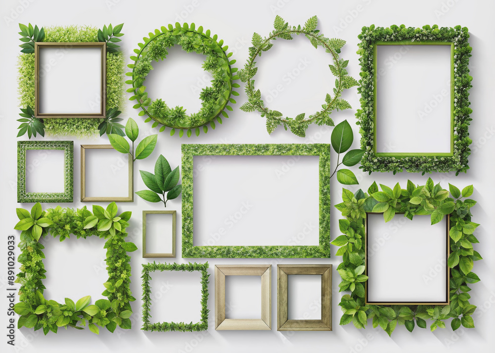 Assorted vibrant green leafy frames in various shapes and sizes ...