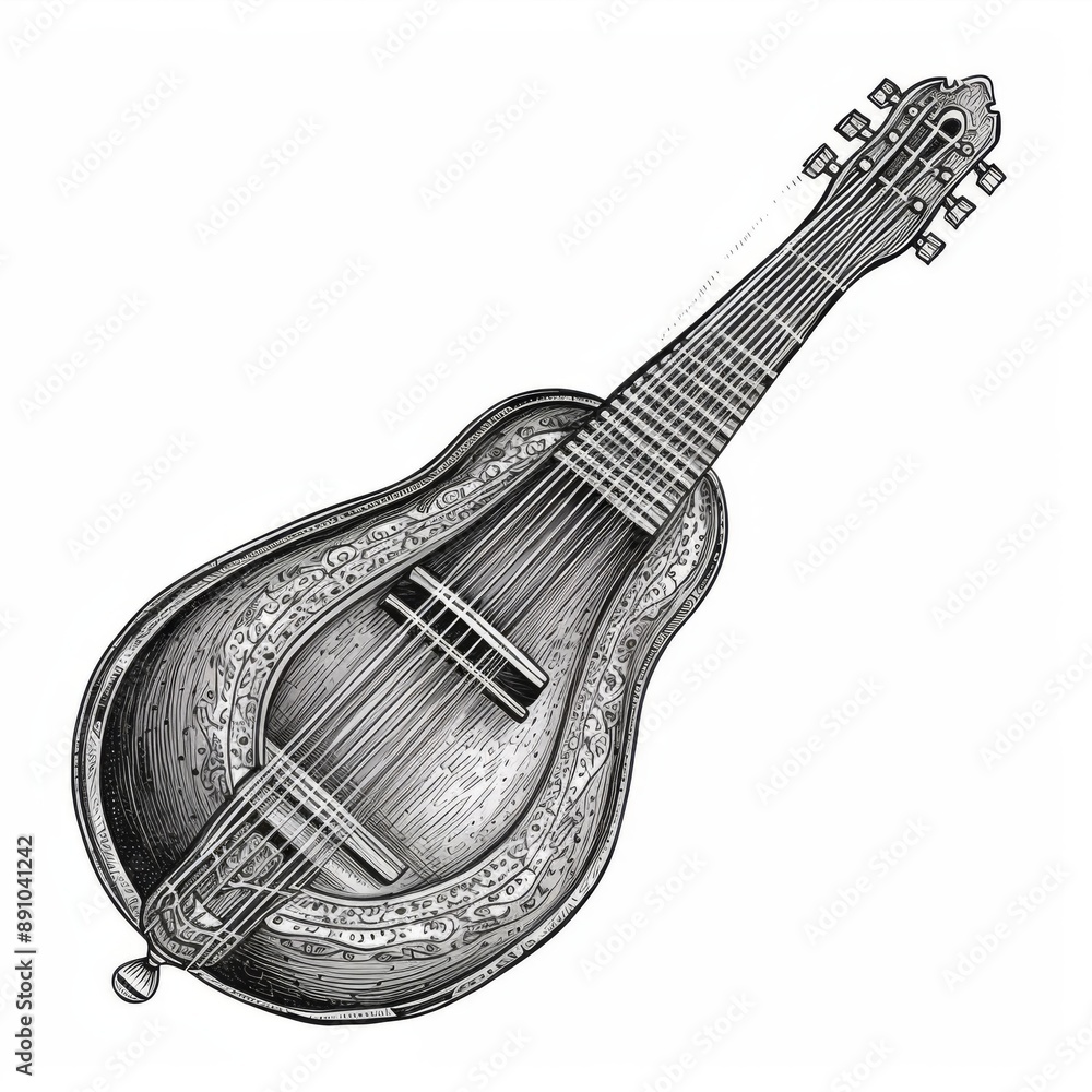 Black and white Vintage engraved art of a pipa isolated on white ...