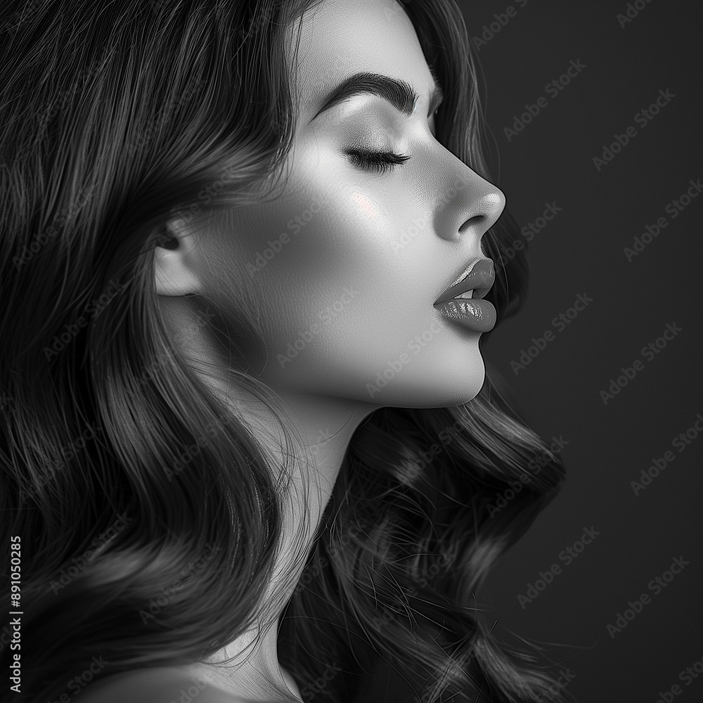 beautiful hair model, side shooting, hair salon advertising, black and ...