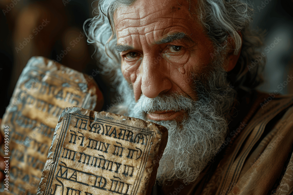 Moses with Ten Commandments Stone Tablets, Biblical Scene in Hyper ...