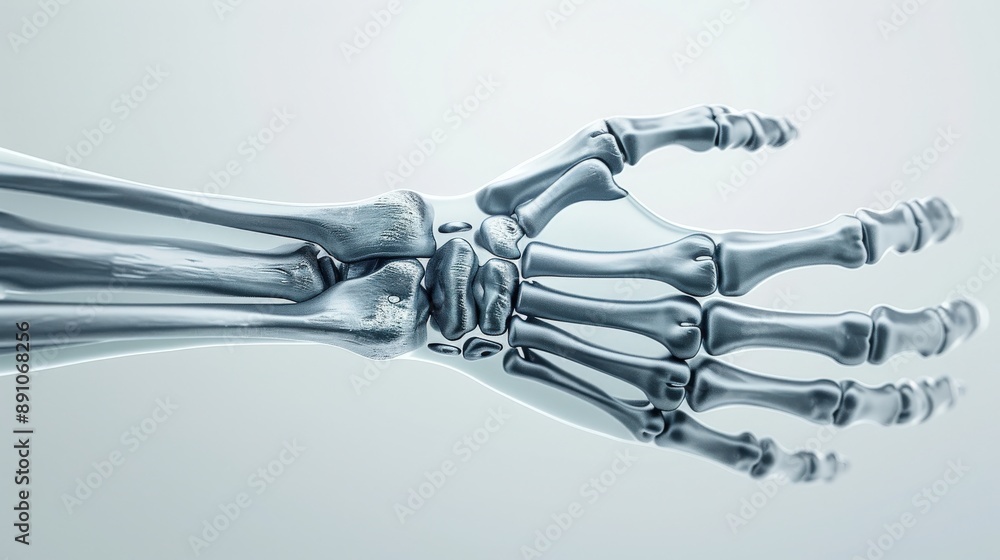 3D rendering of a human hand skeletal structure, showing detailed ...
