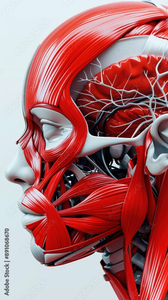 Detailed medical illustration of human head muscles and nerves ...