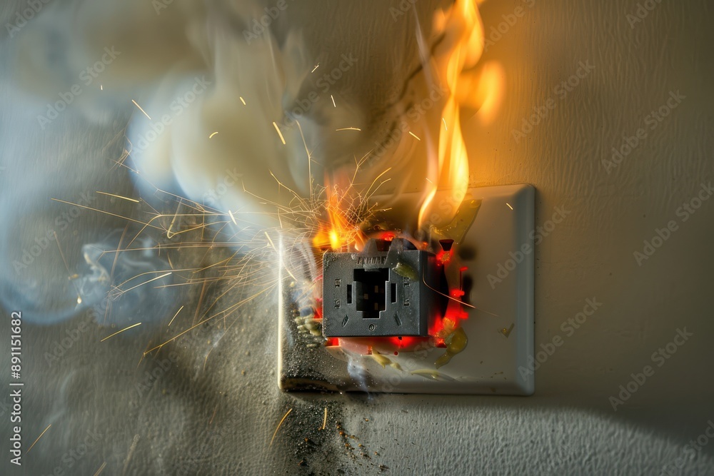 Electrical outlet on fire with smoke and sparks, high voltage ...