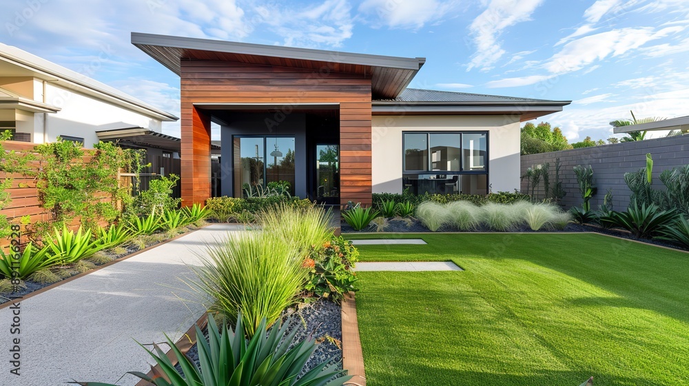 Contemporary Lawn Turf with Wooden Edging in Front Yard of Modern ...