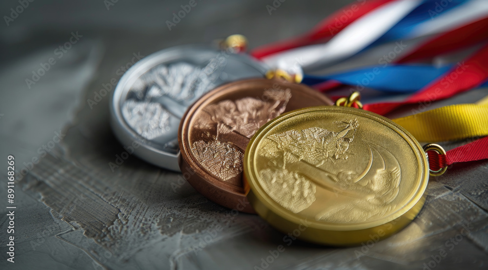 A set of three olympic gold, silver and bronze medals on a grey ...