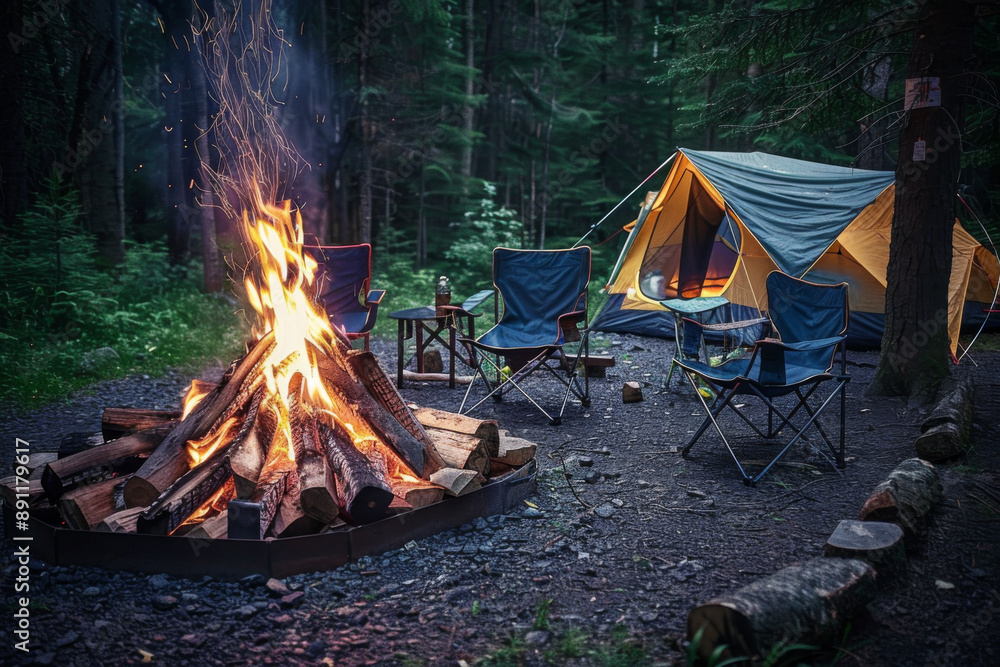Beautiful bonfire with burning firewood near chairs and camping tent in ...
