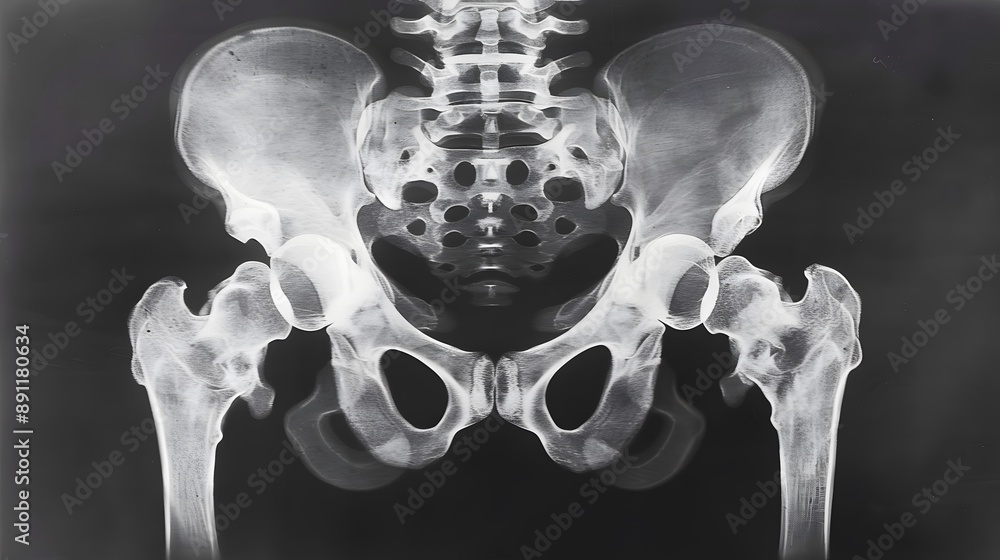 X-Ray of a Pelvis: X-ray image of a human pelvis, showing detailed bone structure and hip joints ...