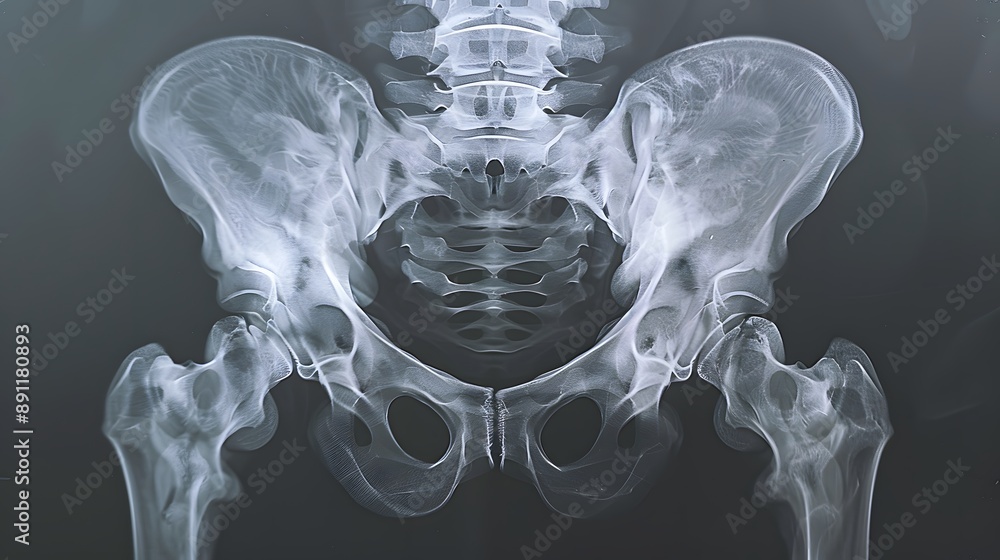 Stock-Foto „X-Ray of a Pelvis: X-ray image of a human pelvis, showing detailed bone structure ...