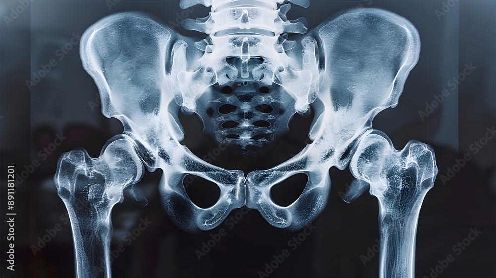 X-Ray of a Pelvis: X-ray image of a human pelvis, showing detailed bone structure and hip joints ...