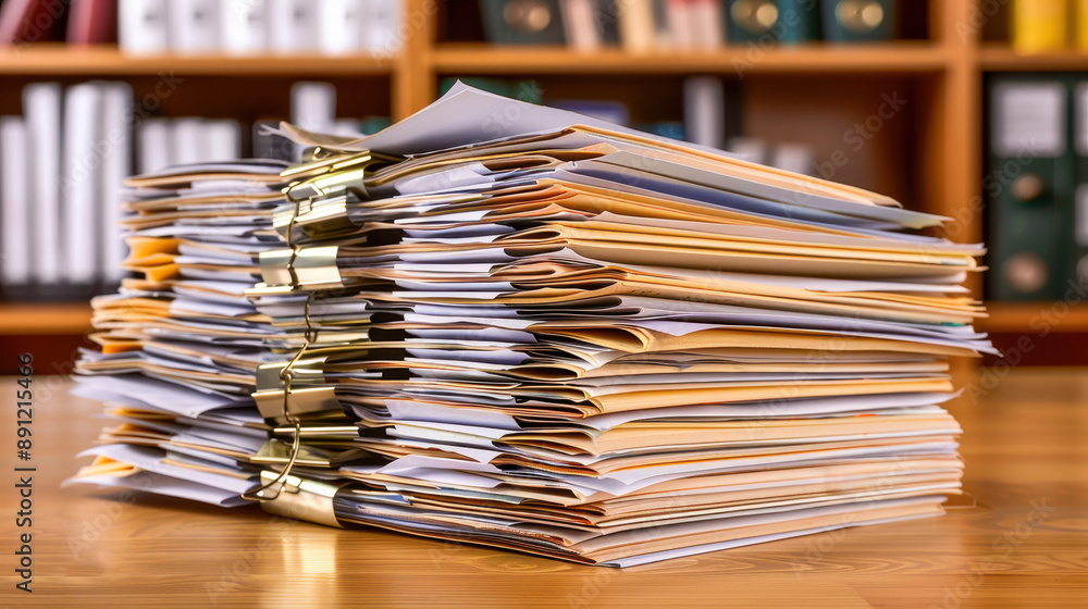 A large stack of paper files secured with binders in an office setting ...