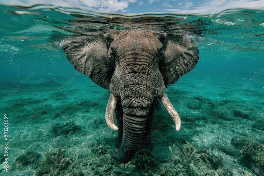 An elephant is seen swimming underwater, with its trunk up and clear ...
