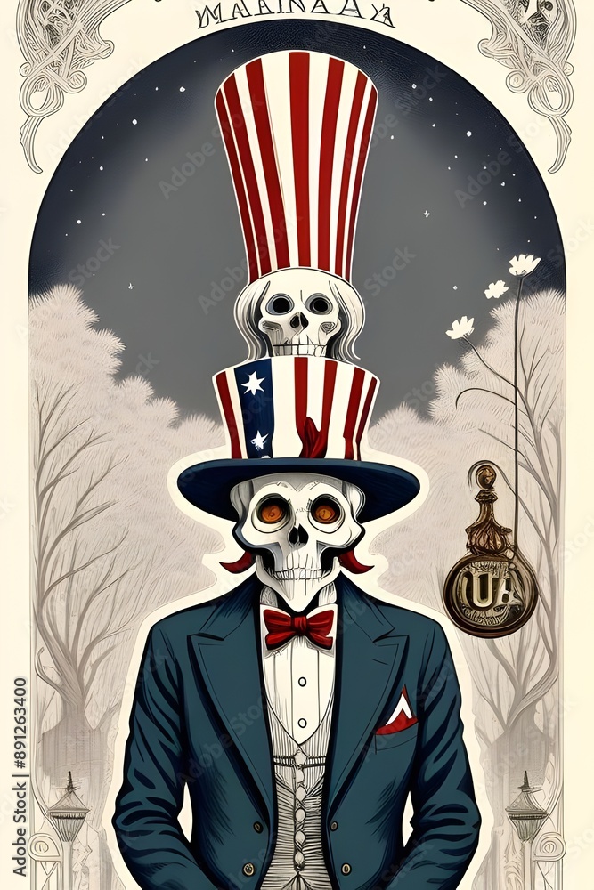 hand drawn illustration of a human skeleton dressed as uncle sam, skull ...
