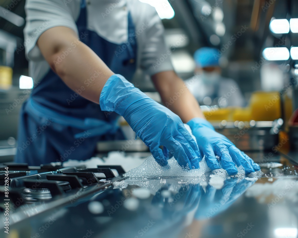 Professional Chef Cleaning Kitchen Surface with Sanitizer, Ensuring ...