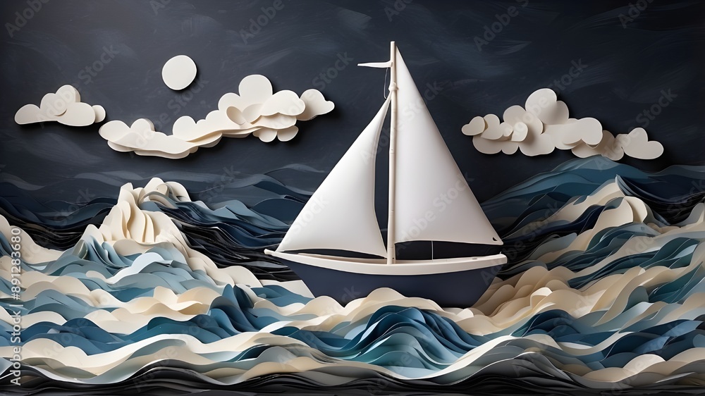 original template. Paper sailboat made from recycled white cloth with ...