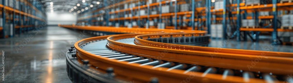 Industrial warehouse with conveyor belt. Shelves stacked with goods ...