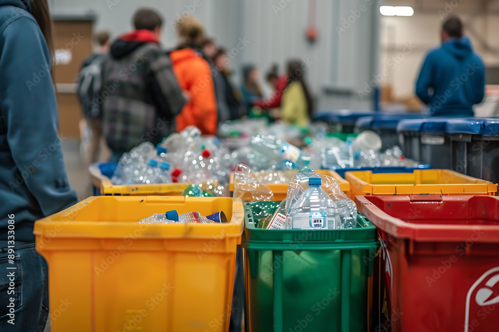 Community members participate in a recycling drive, sorting waste into ...