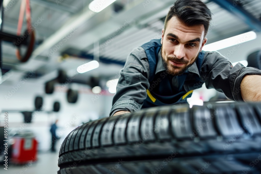Professional Mechanic Fitting High-Performance Tire to Alloy Wheel in ...