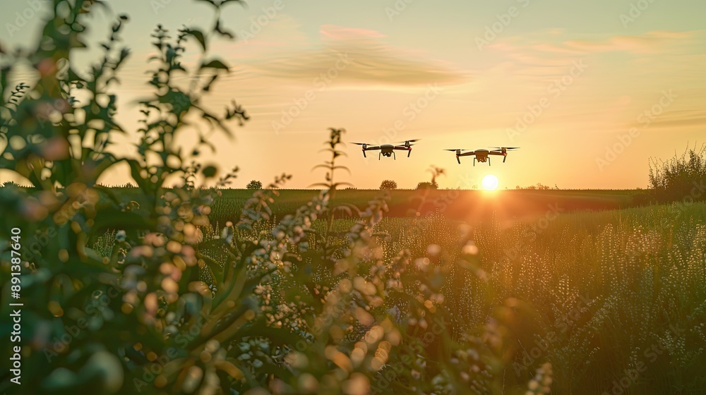 Drones flying over a large farm, demonstrating the impact of precision ...