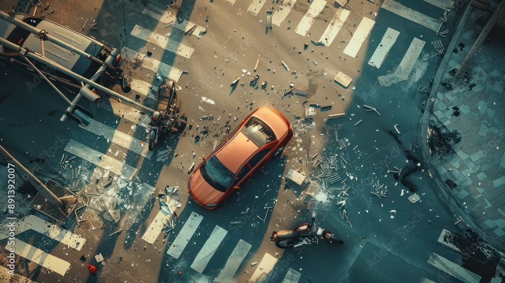 Overhead view of traffic accident involving a car and a damaged ...
