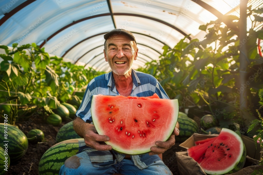 Ukrainian elderly farmer shows his organic harvest - melon and ...