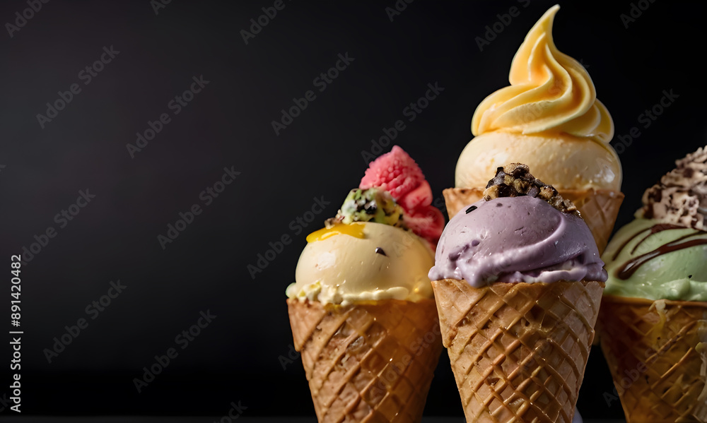 ice cream cone with different toppings on a black background, front ...