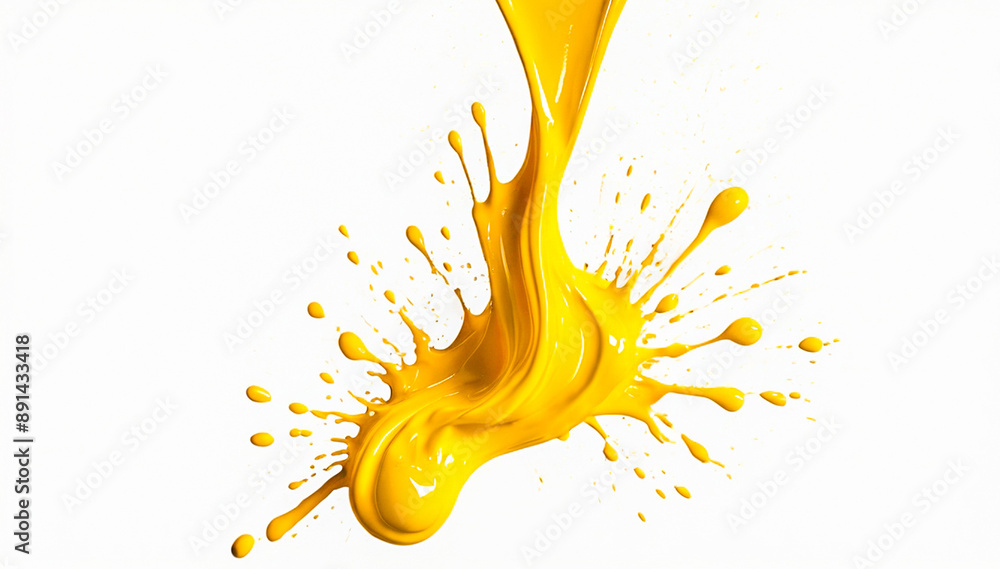 Vivid yellow paint splatter spreading dynamically on a white background ...