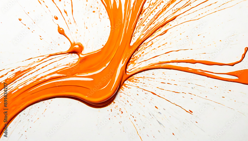 Vivid orange paint splatter spreading dynamically on a white background ...