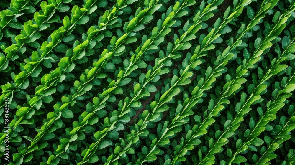 A top-down photograph showcasing meticulously aligned rows of lush ...