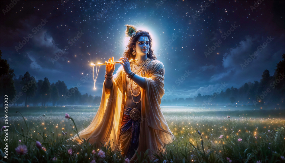 Lord Krishna Beautiful Night Illuminated image Stock Photo | Adobe Stock