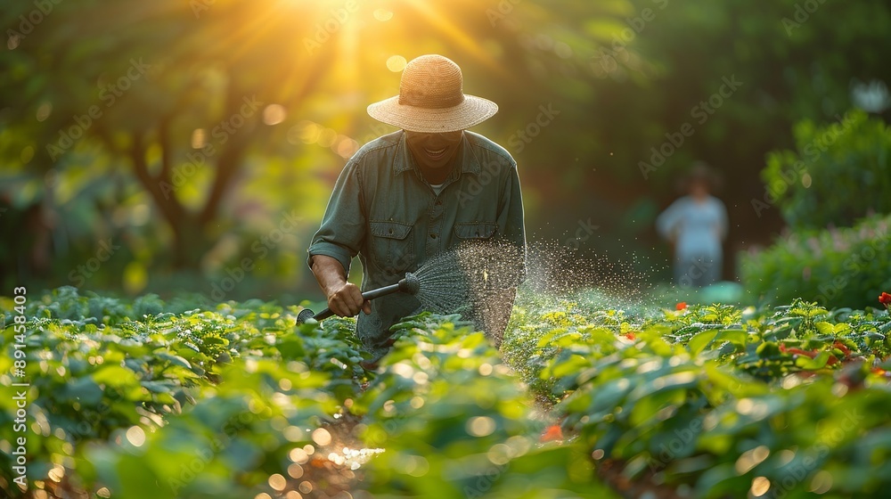 Southeast Asian farmer joyfully watering plants in a well-maintained ...