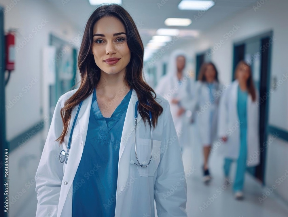Attractive female doctor leading a group of healthcare professionals ...