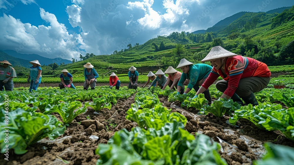 Joyful farmers in Asia working together in a vegetable garden under a ...