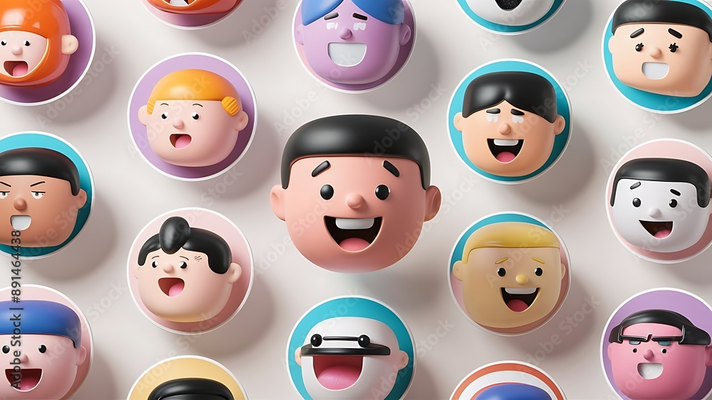 3d render, people avatar collection. Set of round stickers with cartoon ...