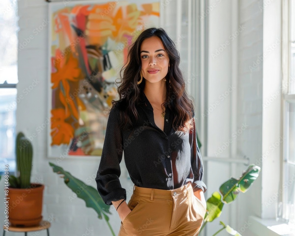 Female entrepreneur in business casual outfit, bright startup office ...